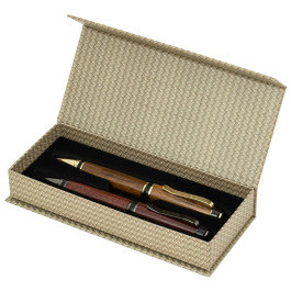 Cardboard pen box – beige weave, lift-up lid | Holds 2 pens